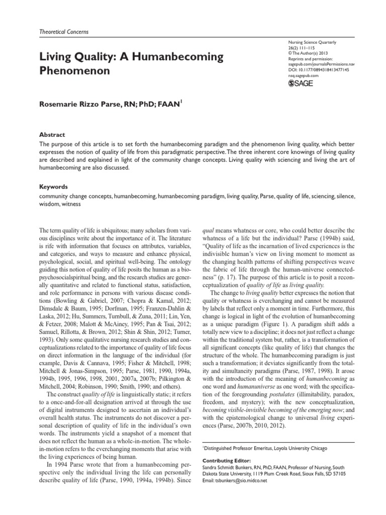 Living Quality - A Humanbecoming Phenomenon P. 111-15. | PDF | Nursing ...