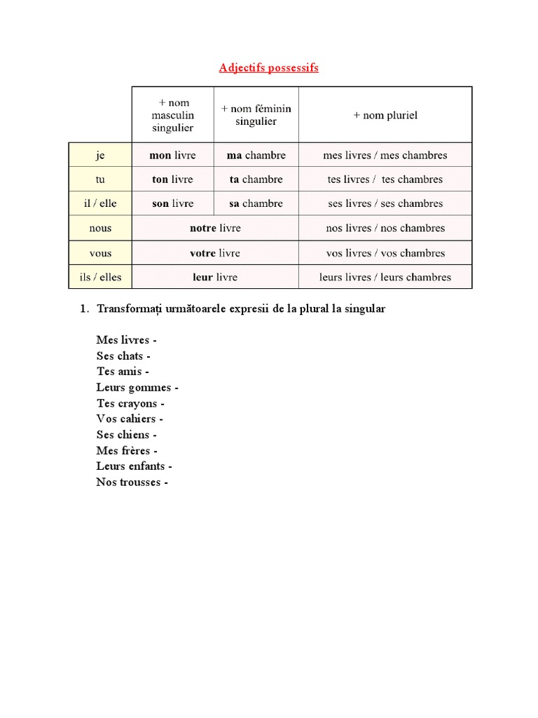 Exercices sur les adjectifs possessifs | PDF | Arts du langage et ...