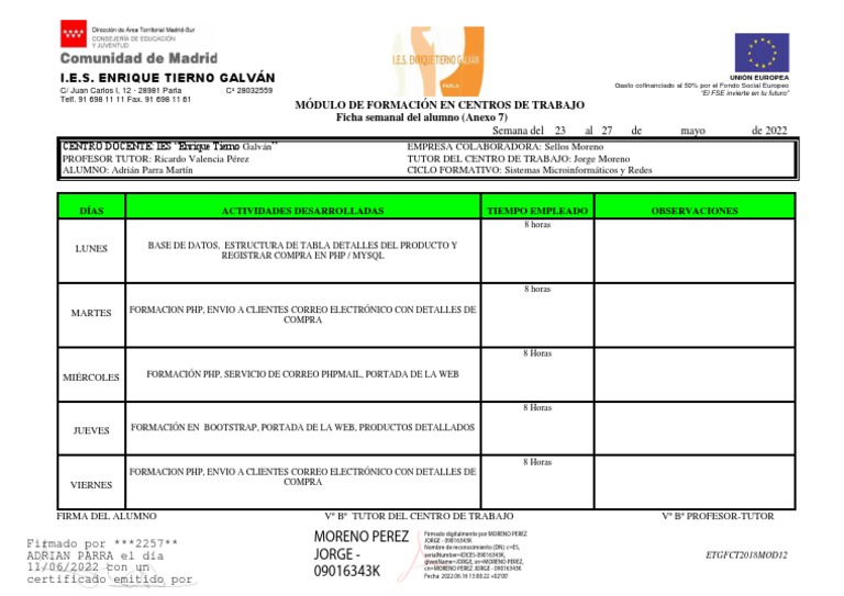 I.E.S. Enrique Tierno Galván: Módulo de Formación en Centros de Trabajo Ficha Semanal Del Alumno ...