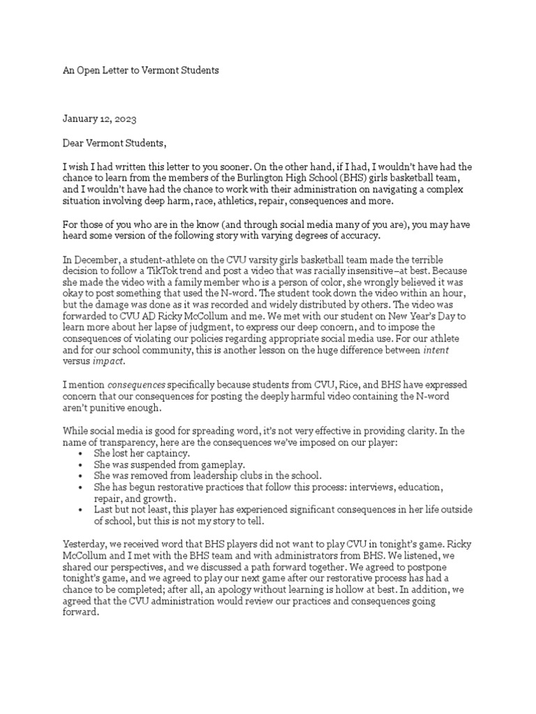 An Open Letter To Vermont Students Pdf