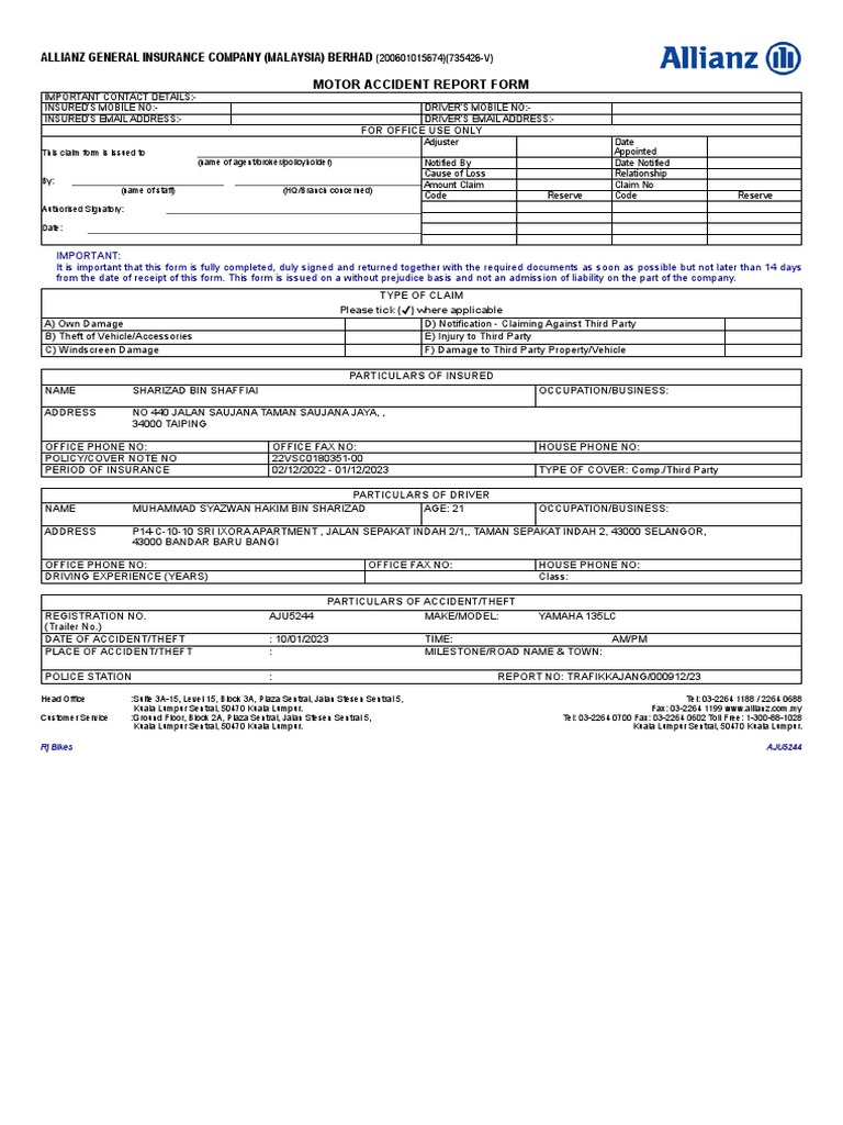 Claim Form AJU 5244 | PDF | Insurance | Traffic Collision