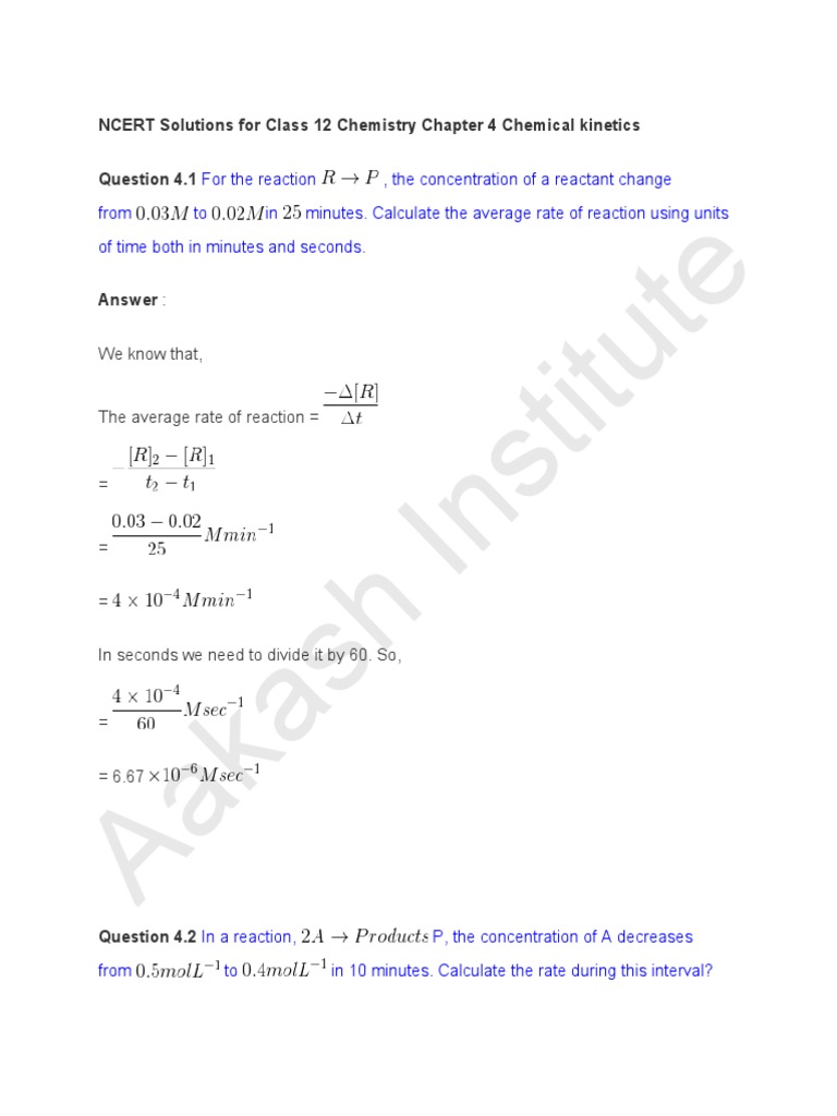 Ncert Solutions Class 12 Chemistry Chapter 4 Chemical Kinetics 0 | PDF | Reaction Rate ...