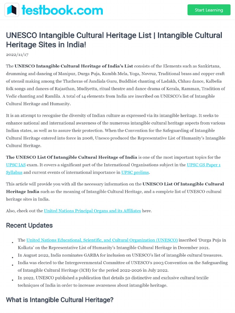 Unesco Intangible Cultural Heritages India | PDF