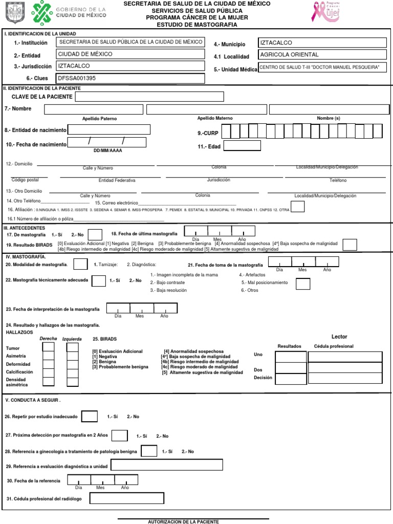 Mastografía Formato CDMX | PDF | Causas de la muerte | Enfermedades y trastornos