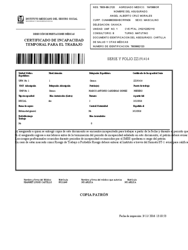 Certificado de Incapacidad Temporal para El Trabajo: Serie Y Folio ...