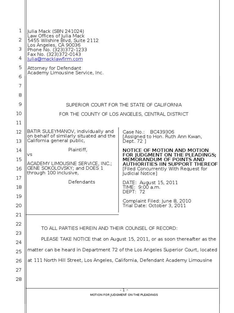 Final Motion For Judgment On Pleadings Academy PAGA | PDF | Pleading ...