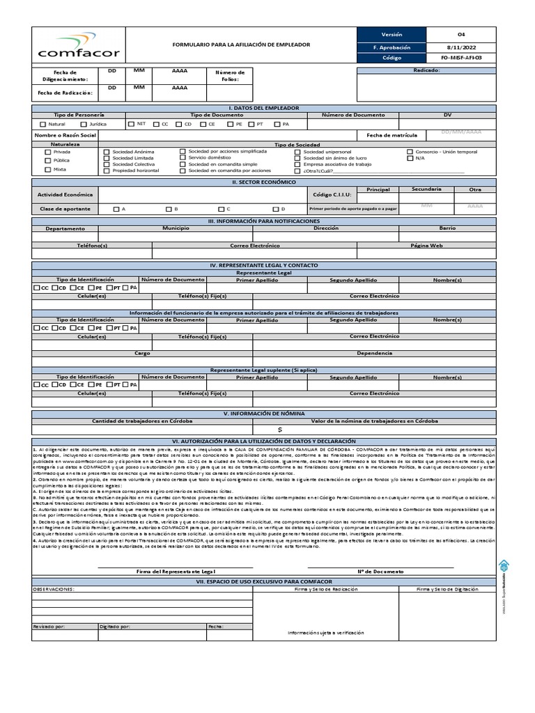 FO-MISF-AFI-03 Formulario para La Afiliación de Empleador - V3 | PDF | Salario mínimo | Salario