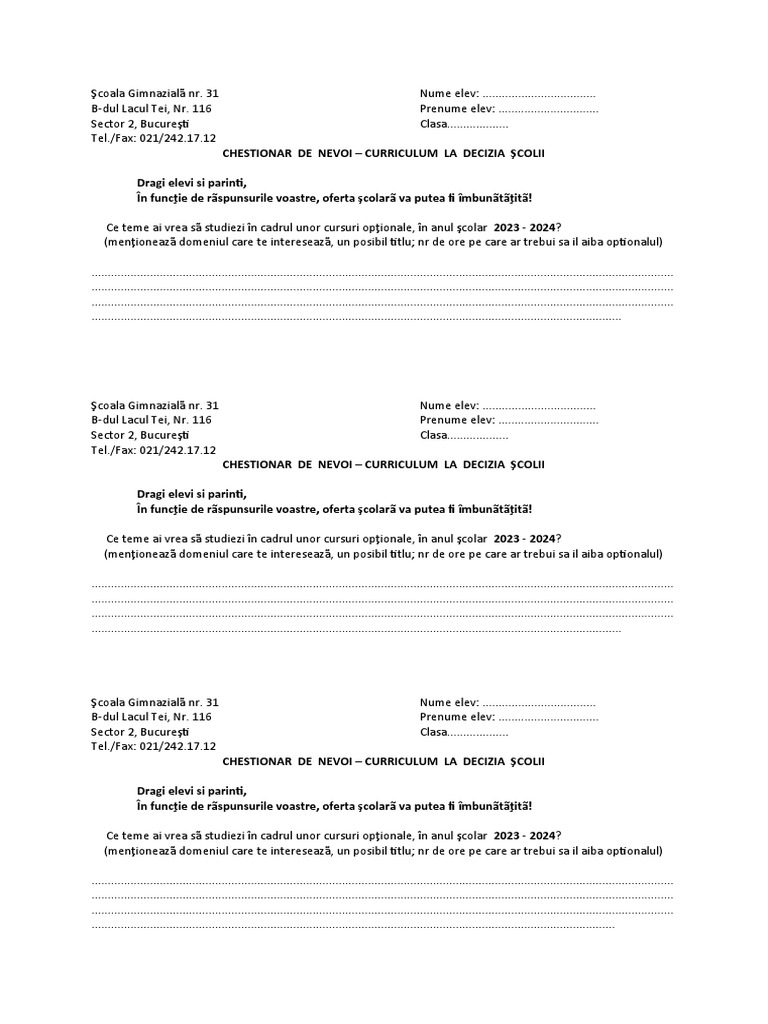 Model Chestionare Elevi Si Parinti CDS | PDF