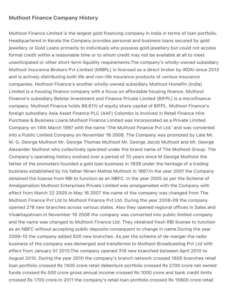 Muthoot Finance Company History | PDF