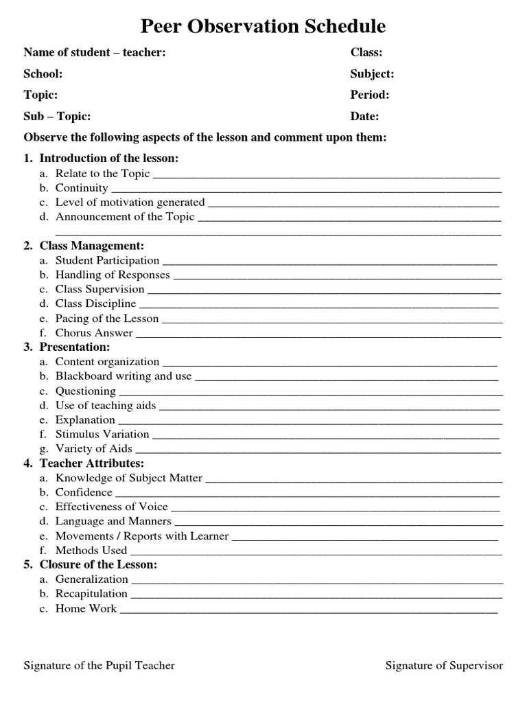 Peer Observation Schedule | Download Free PDF | Teachers | Linguistics