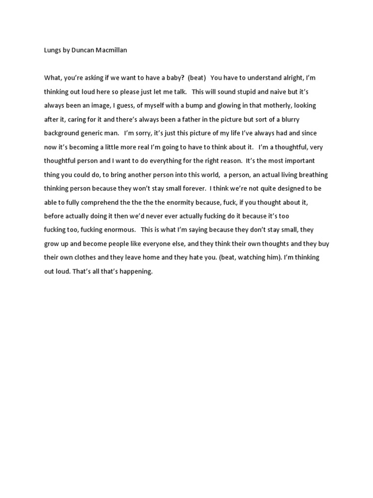 Lungs - Cutitng Shortened Version Monologue | PDF | Self-Improvement