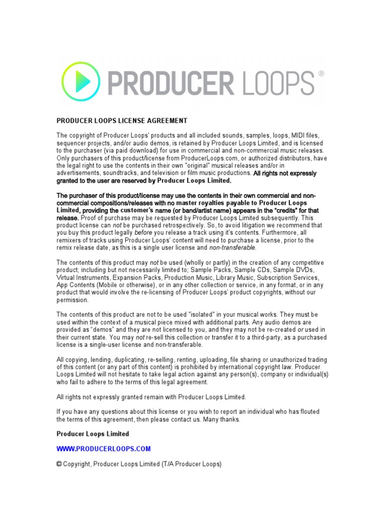Producer Loops License Agreement | PDF | Law
