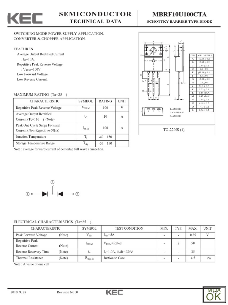 Mbrf10u100cta Kec | PDF | Rectifier | Electric Power