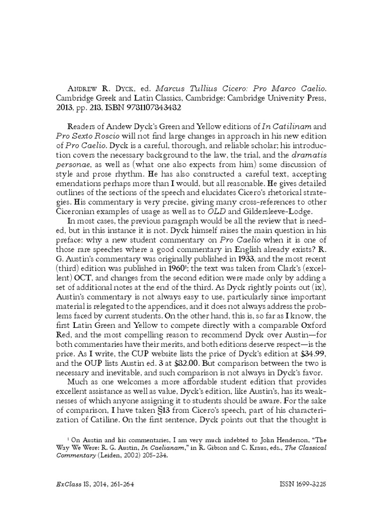 Review Andrew R. Dyck, Ed. Marcus Tullius Cicero Pro Marco Caelio. | PDF