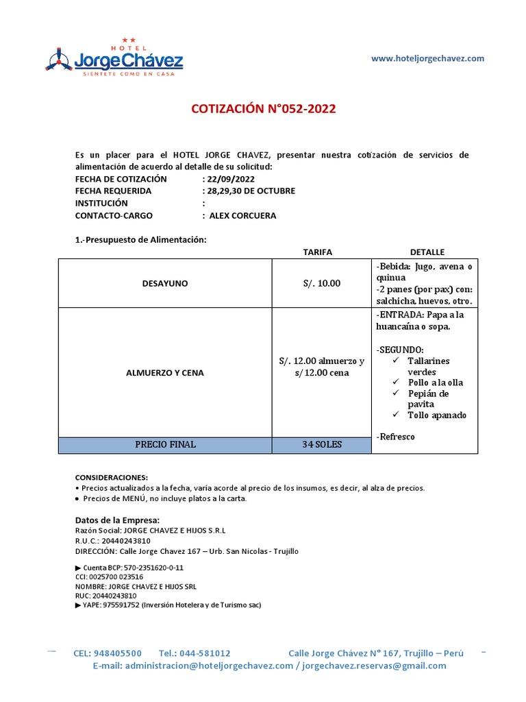 Cotización Servicio de Alimentacion 2022 | PDF | Comida | Comportamientos alimenticios de los ...