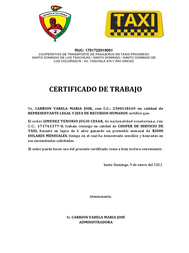 Certificado Laboral De Chofer De Taxi Pdf