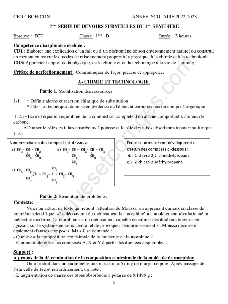 1er Devoir Du 1er Semestre Pct 1ère D 2022 2023 Ceg 4 Bohicon Pdf