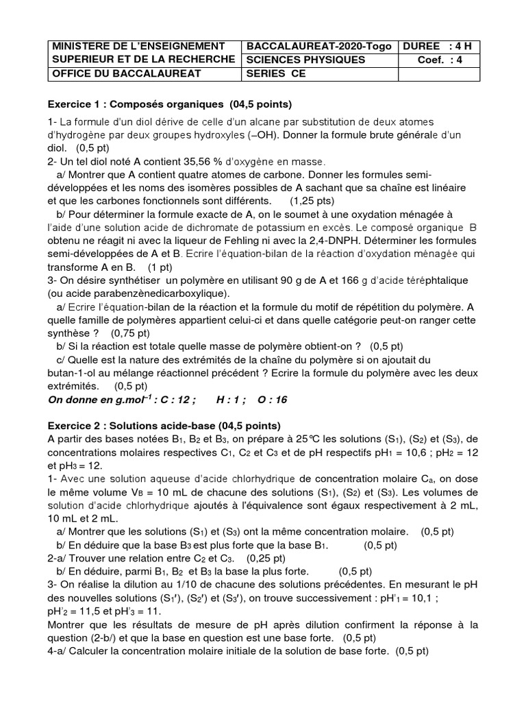 Epreuve Bac Ce 2020 Sciences Physiques Togo | PDF | Polymère | Pendule ...