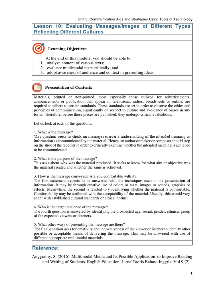 Lesson 10 Evaluating Messages or Images of Different Types Reflecting Different Cultures | PDF ...