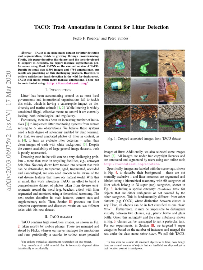 TACO: Trash Annotations in Context For Litter Detection: Pedro F ...