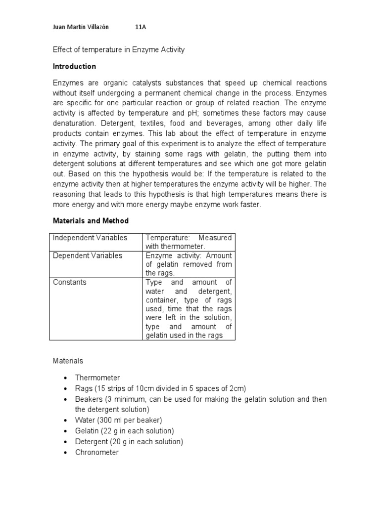 Effect Of Temperature In Enzyme Activity Pdf Temperature Enzyme Assay