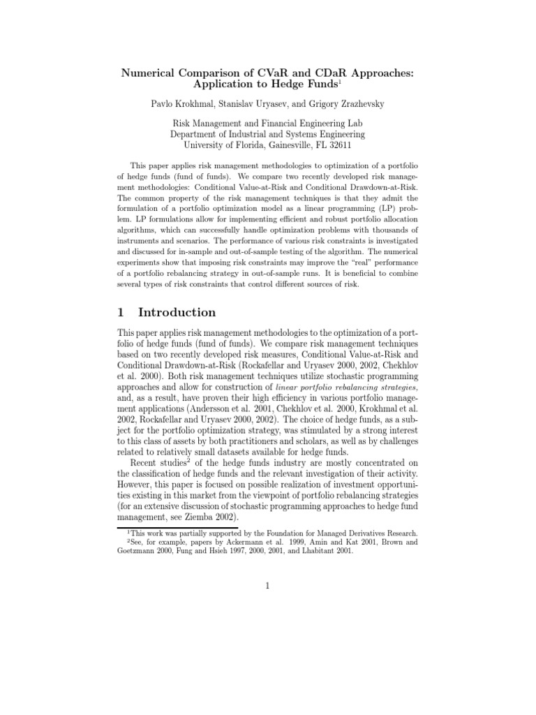 CDaR vs CVaR in Hedge Fund Optimization | PDF | Hedge Fund | Investment ...