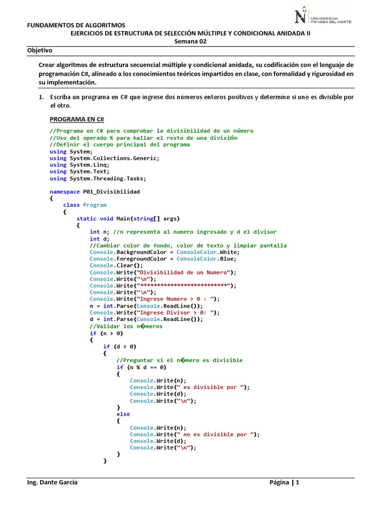 JP-LFAL-Sem02 Ejercicios Con Seleccion Multiple y Anidada II-1 | PDF | C Sharp (lenguaje de ...