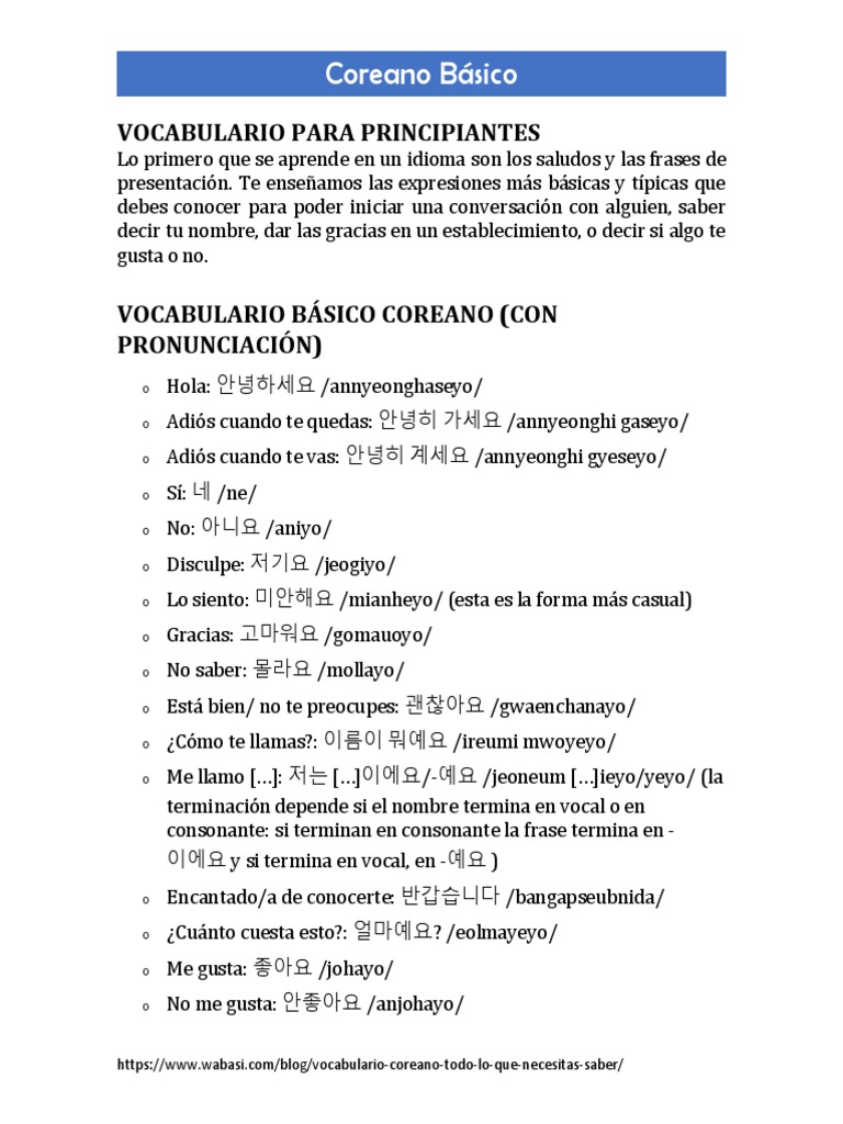 Vocabulario Coreano Básico para Principiantes | PDF | Artes del ...