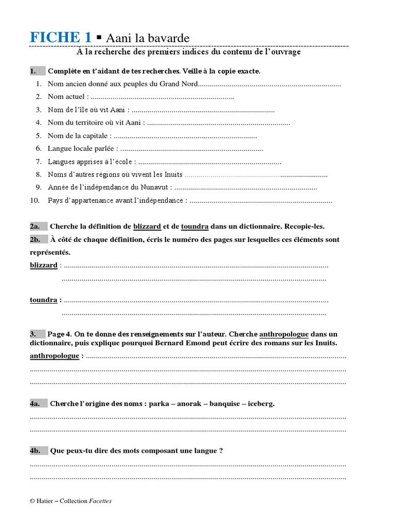 CM2 - Aani La Bavarde - Fiches - Eleves | PDF | Inuit