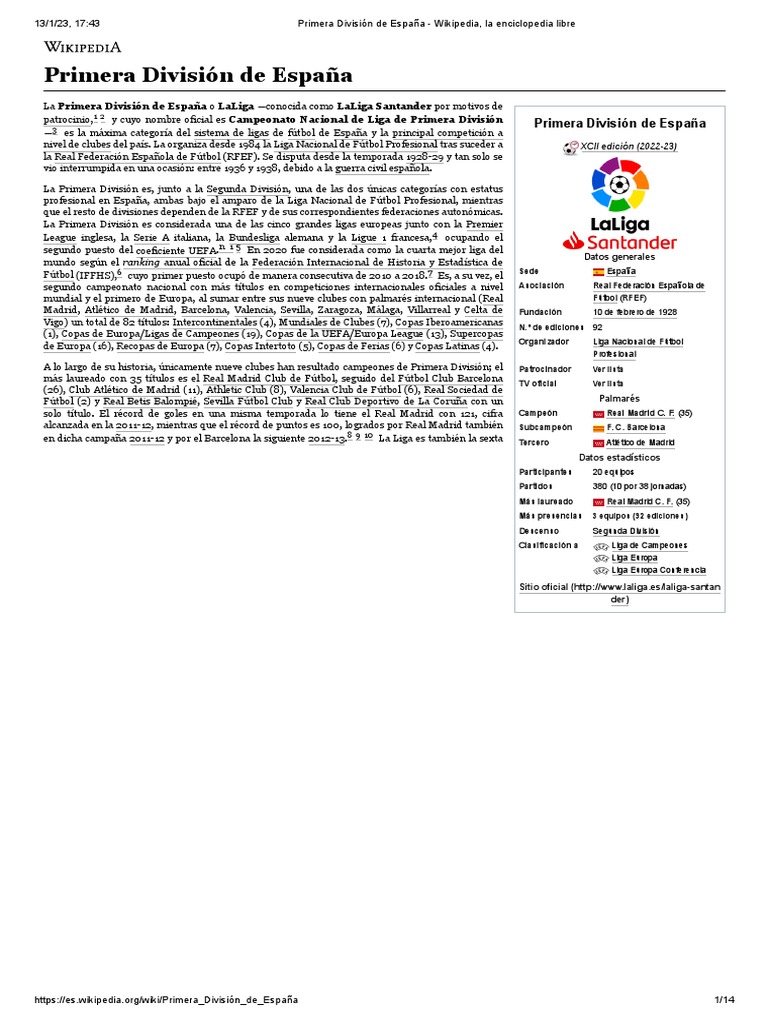 Primera División de España - Wikipedia, La Enciclopedia Libre | PDF ...