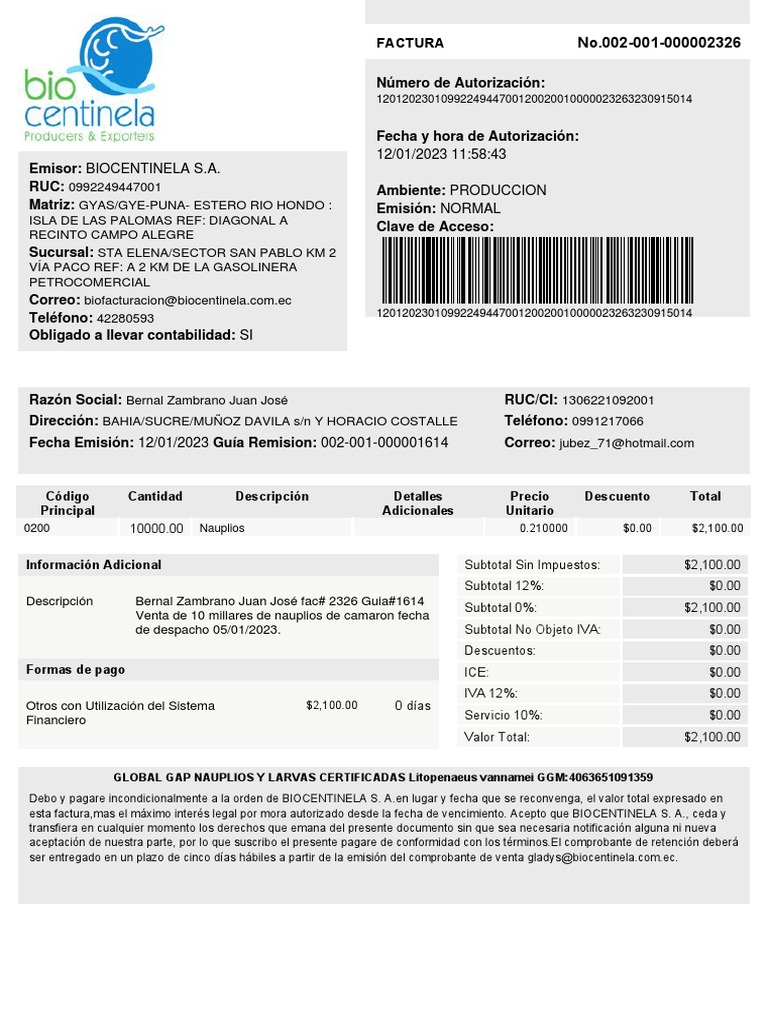 Venta de nauplios de camarón certificados Global GAP | PDF | Factura ...