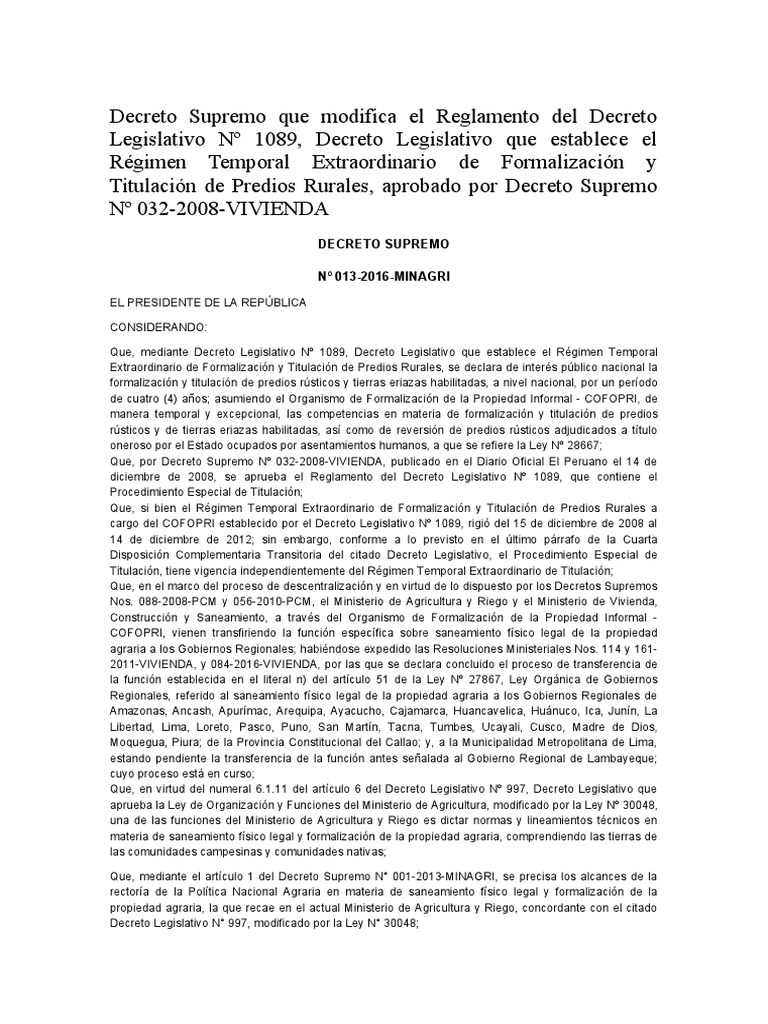 Decreto Supremo Que Modifica El Reglamento Del Decreto Legislativo #1089 | PDF | Finanzas y dinero