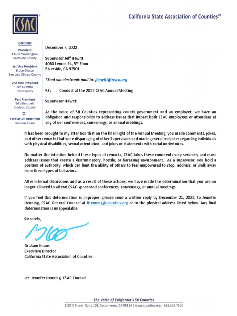 California State Association of Counties Letter To Jeff Hewitt | PDF