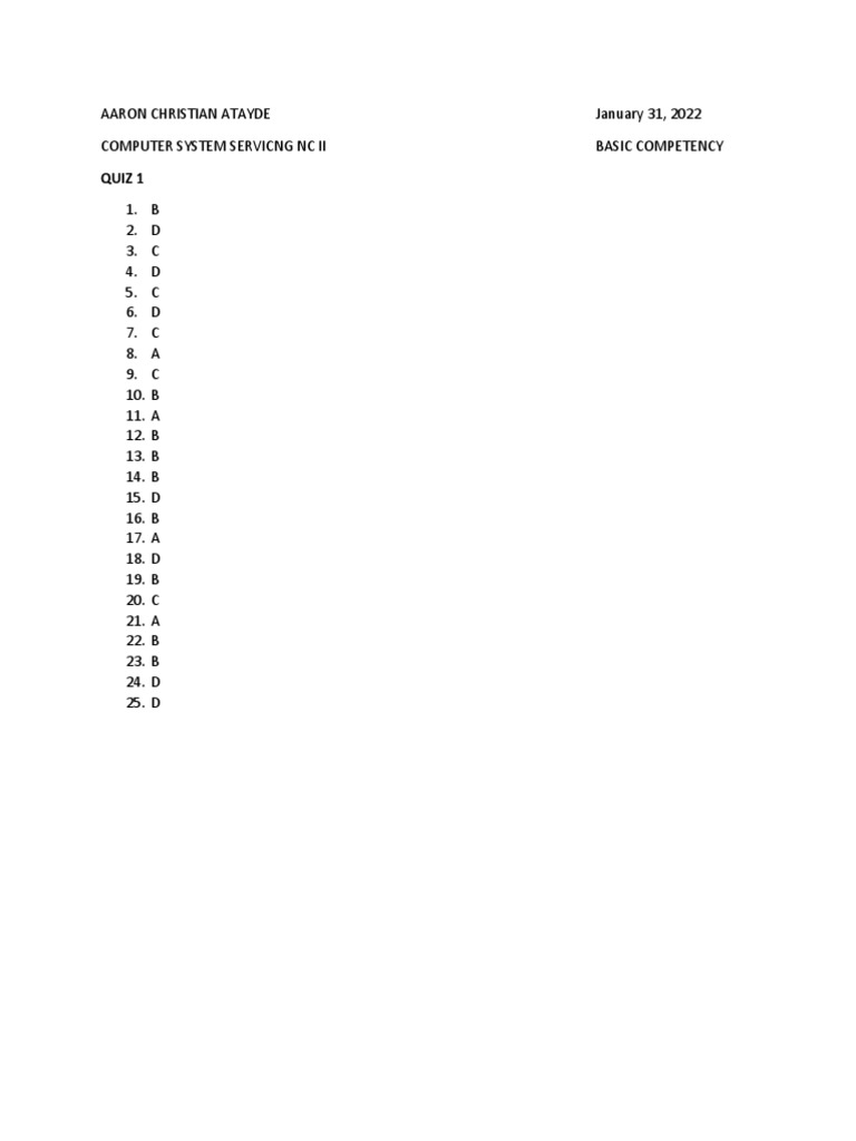 Basic Competency Quiz 1 | PDF