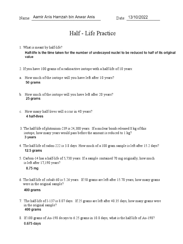 Half Life Worksheet - Problems and Graphing | PDF | Science & Mathematics