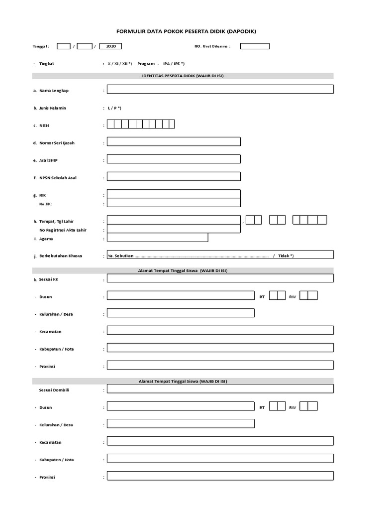 Formulir Data Pokok Peserta Didik Dapodik | PDF