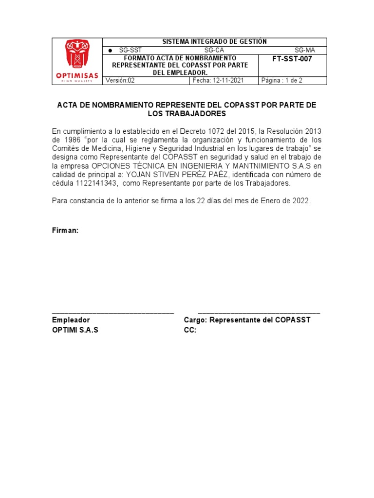 FT-SST-007 Formato Acta de Nombramiento | PDF