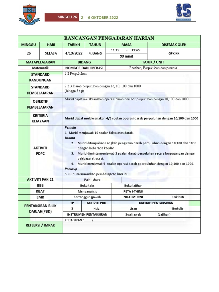 RPH Matematik Tahun 4 Perpuluhan | PDF