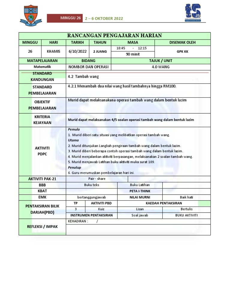 RPH Matematik Tahun 2 Wang | PDF