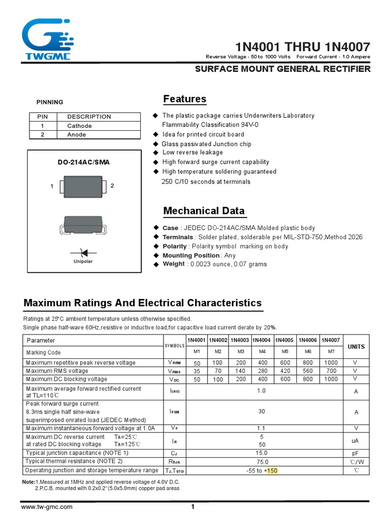 Surface Mount Rectifier Specs | PDF | Rectifier | Physical Quantities