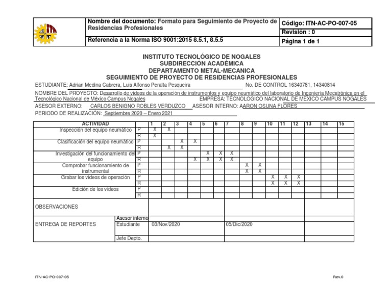Seguimiento Proyecto Residencias Profesionales | PDF