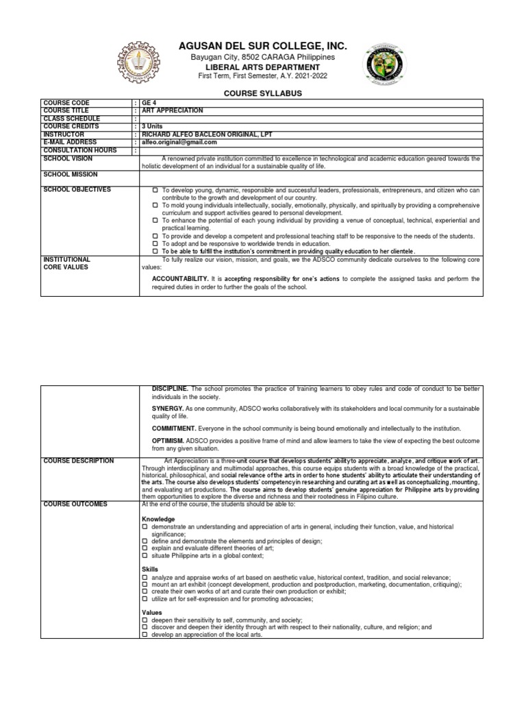 Art Appreciation Course Syllabus | PDF | Aesthetics | Paintings