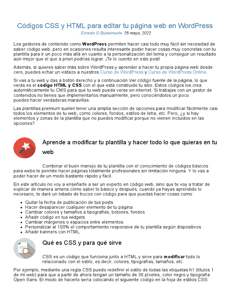 Códigos CSS y HTML para Editar Tu Página Web en WordPress GRATIS | PDF ...