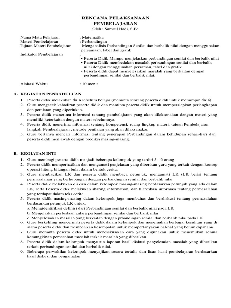RPP Matematika Materi Perbandingan | PDF | Karier & Perkembangan | Seni