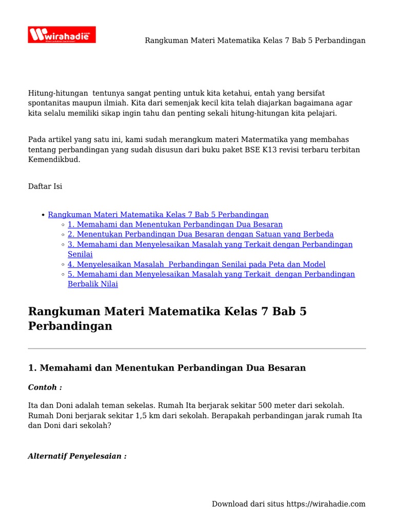 Rangkuman Materi Matematika Kelas 7 Bab 5 Perbandingan | PDF