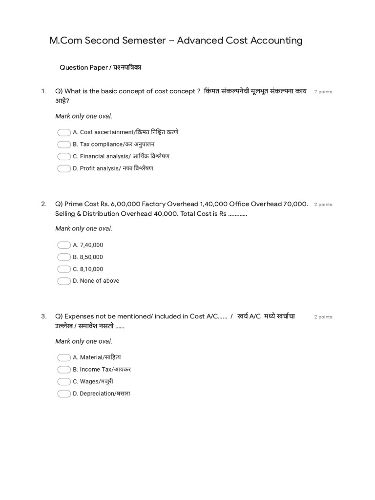 M.Com Sem 2 Advanced Cost Accounting Exam | PDF | Debits And Credits ...