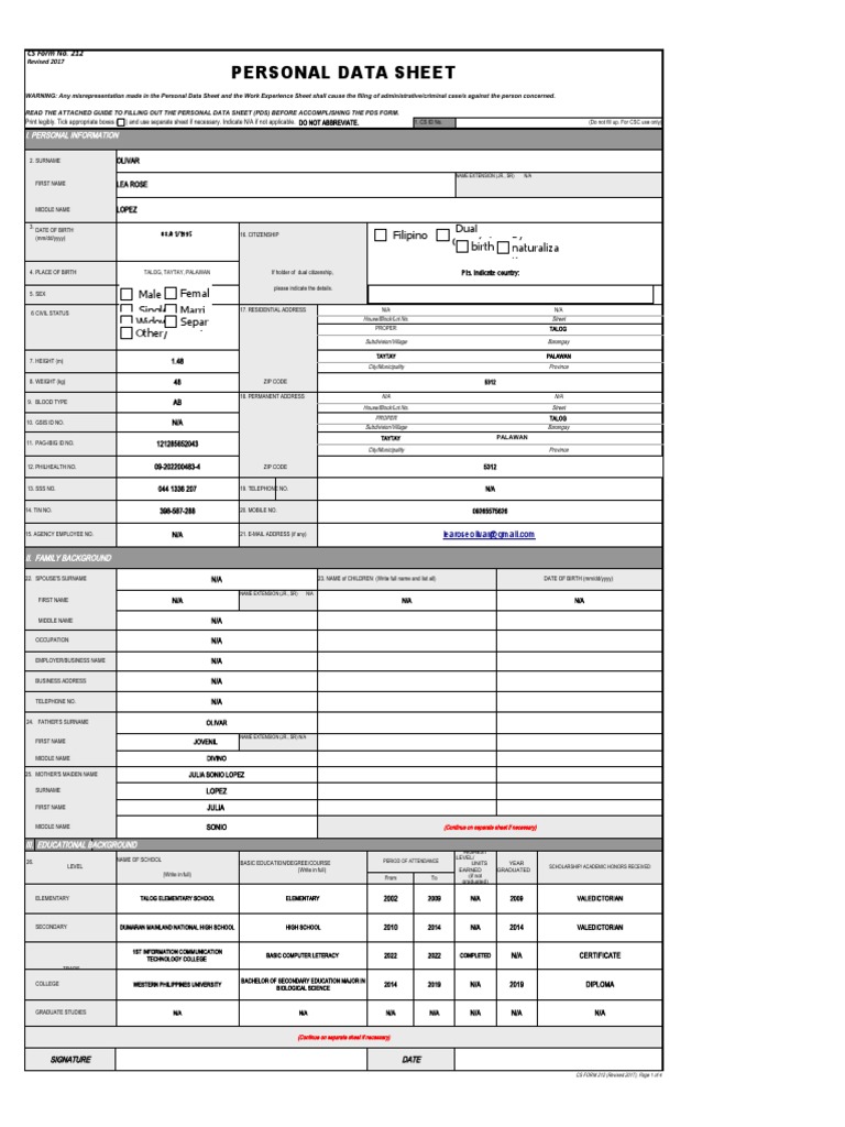 2 Copies Pds Cs Form No 212 Lea-1 | PDF | Teachers
