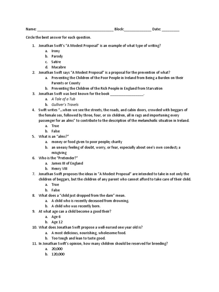 A Modest Proposal Test | PDF | Jonathan Swift