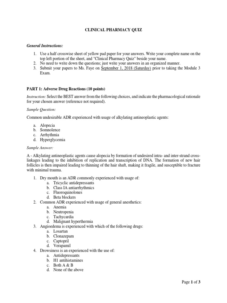 Clinical Pharmacy Quiz | PDF | Pharmaceutical Sciences | Medicine