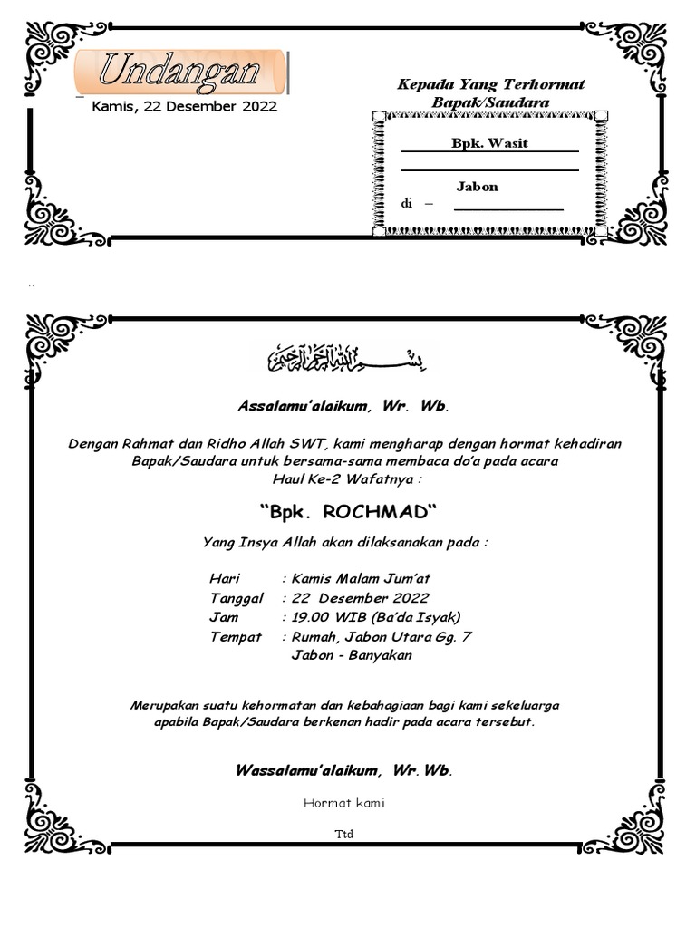 Undangan Haul Ke-2 Bpk. Rochmad | PDF